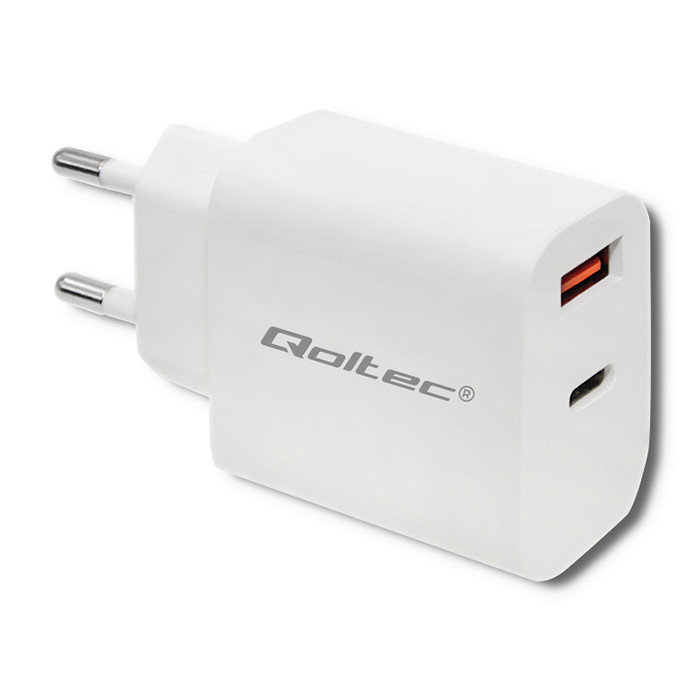 QOLTEC ŁADOWARKA SIECIOWA 18W | 5-12V | 1.5-3A | USB TYP C PD | USB QC ...