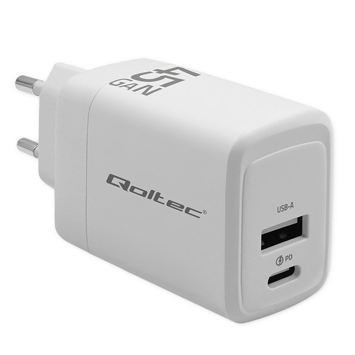 Qoltec Ładowarka sieciowa 45W GaN 5-20V 1.5-3A 1 x USB-C PD 1 x USB QC 3.0 Biała - Qoltec ...
