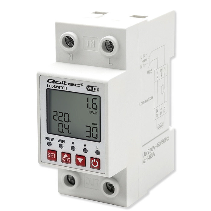 Qoltec Przekaźnik 63A na szynę DIN z licznikiem energii elektrycznej ...