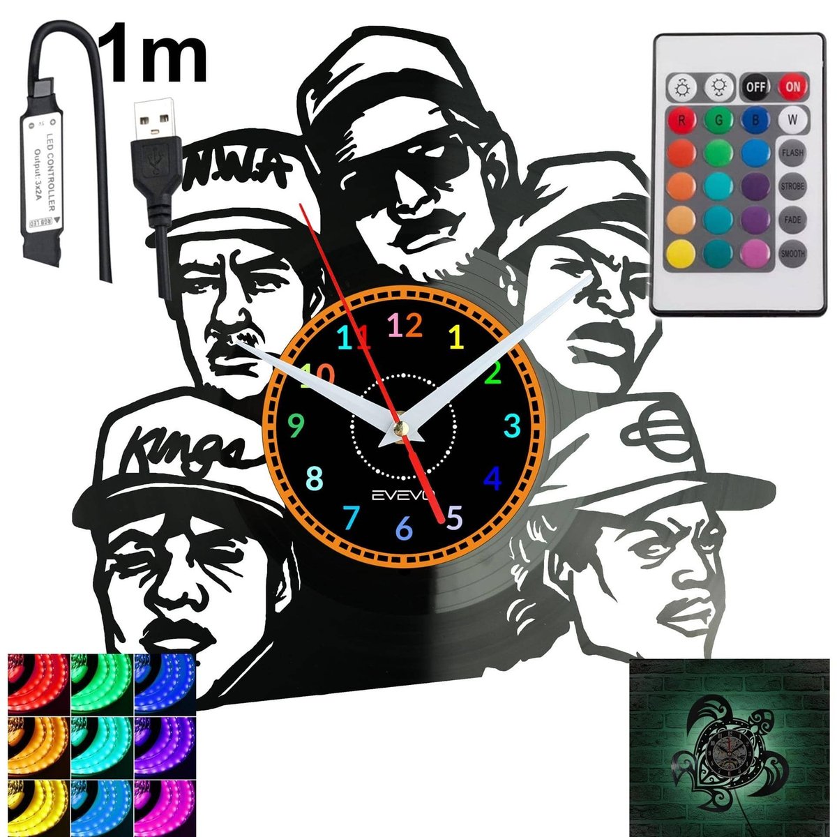 Rap Zespół Zegar Ścienny Podświetlany LED RGB Na Pilota Płyta Winylowa ...