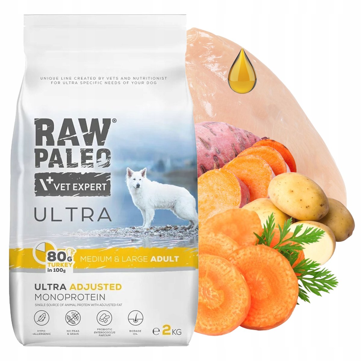 RAW PALEO ULTRA Medium&Large Indyk karma sucha dla psa 2 kg bezzbożowa ...