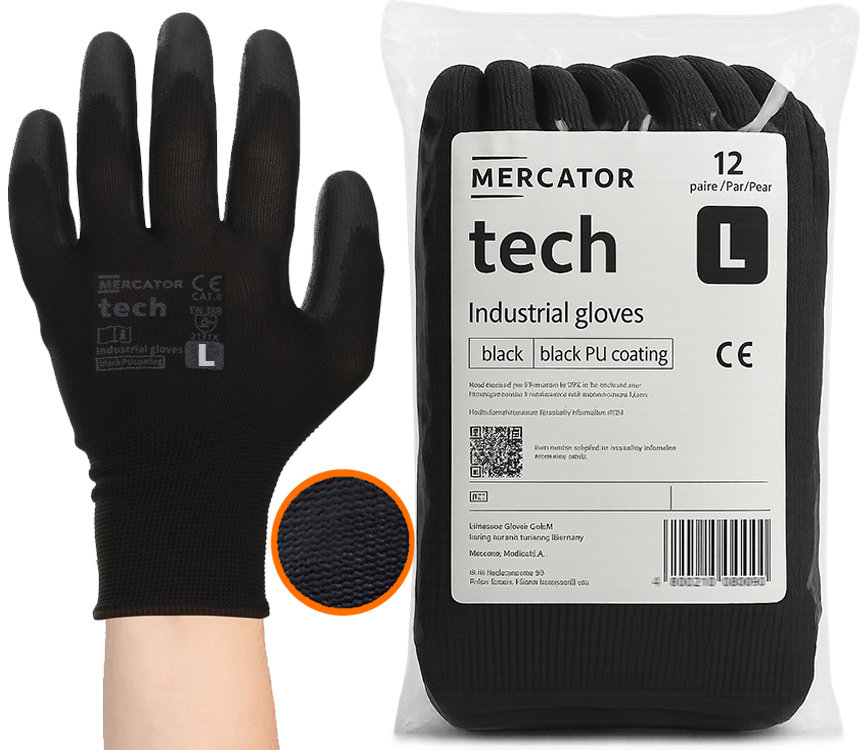 Rękawice Robocze MERCATOR Tech Black+Black PU - L - 12 Par - Inny marka ...