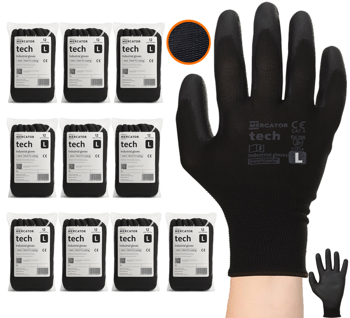 Rękawice Robocze MERCATOR Tech Black+Black PU - L - 120 Par - Inny ...