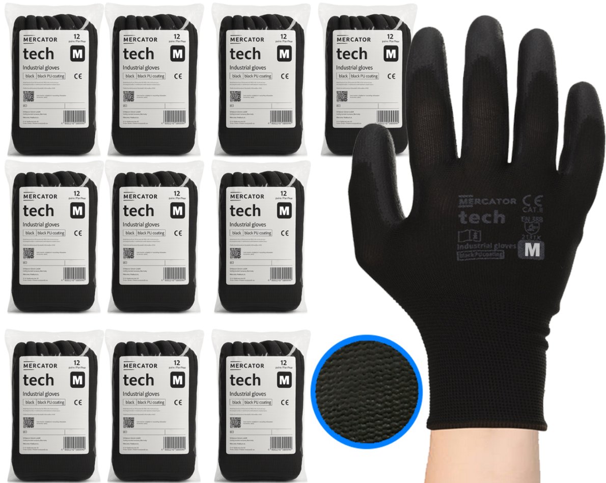 Rękawice Robocze MERCATOR Tech Black+Black PU - M - 120 Par - Inny ...