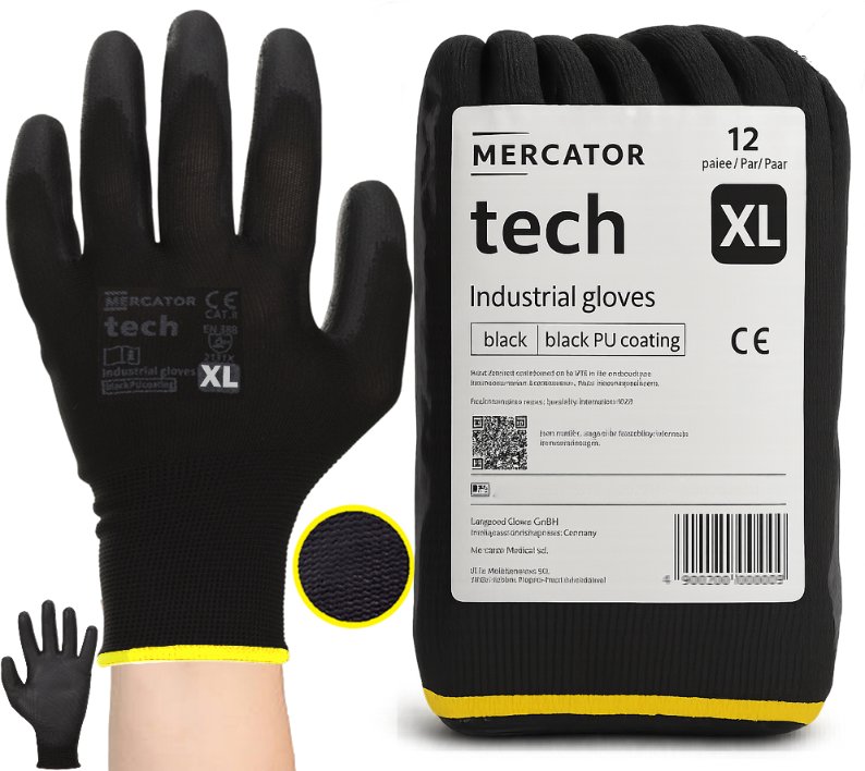Rękawice Robocze MERCATOR Tech Black+Black PU - XL - 12 Par - Inny ...