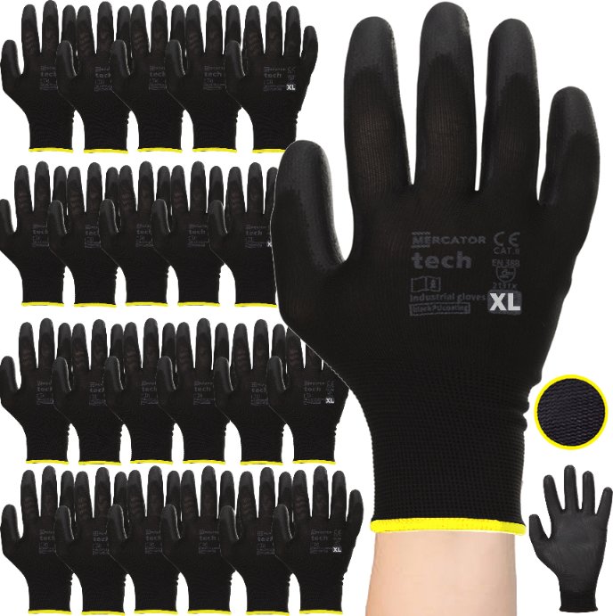 Rękawice Robocze MERCATOR Tech Black+Black PU - XL - 120 Par - Inny ...
