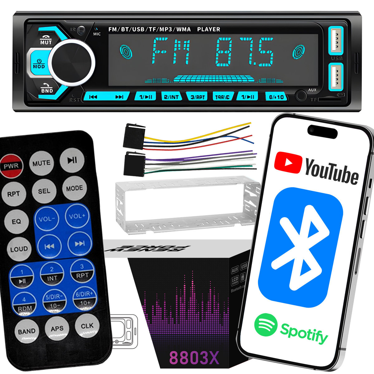 Renew Force Radio Samochodowe Bluetooth 5.0 1-DIN USB Mikrofon AUX MP3 ...