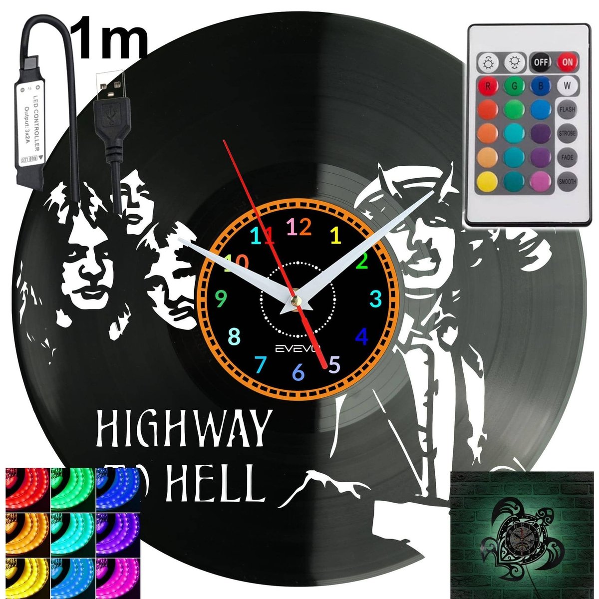 ROCK BAND Zegar Ścienny Podświetlany LED RGB Na Pilota Płyta Winylowa ...