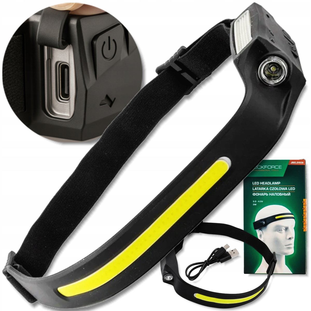 ROCKFORCE Latarka CZOŁOWA akumulatorowa 2w1 LED z czujnikiem RUCHU USB ...