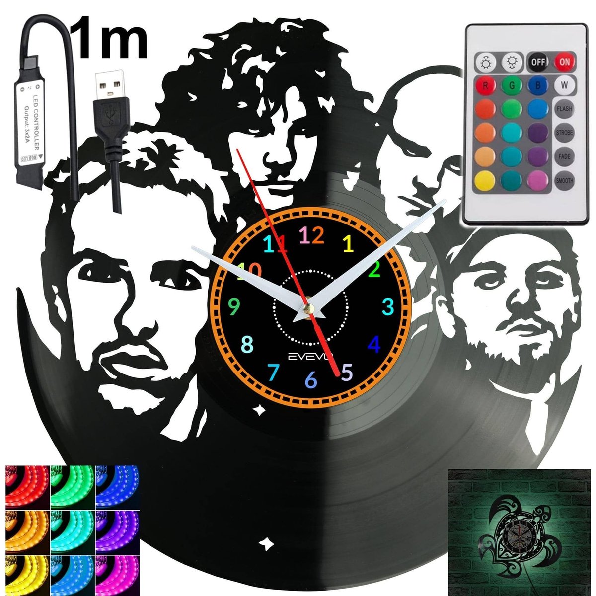 Rokowy Zespół Muzyczny Zegar Ścienny Podświetlany LED RGB Na Pilota ...