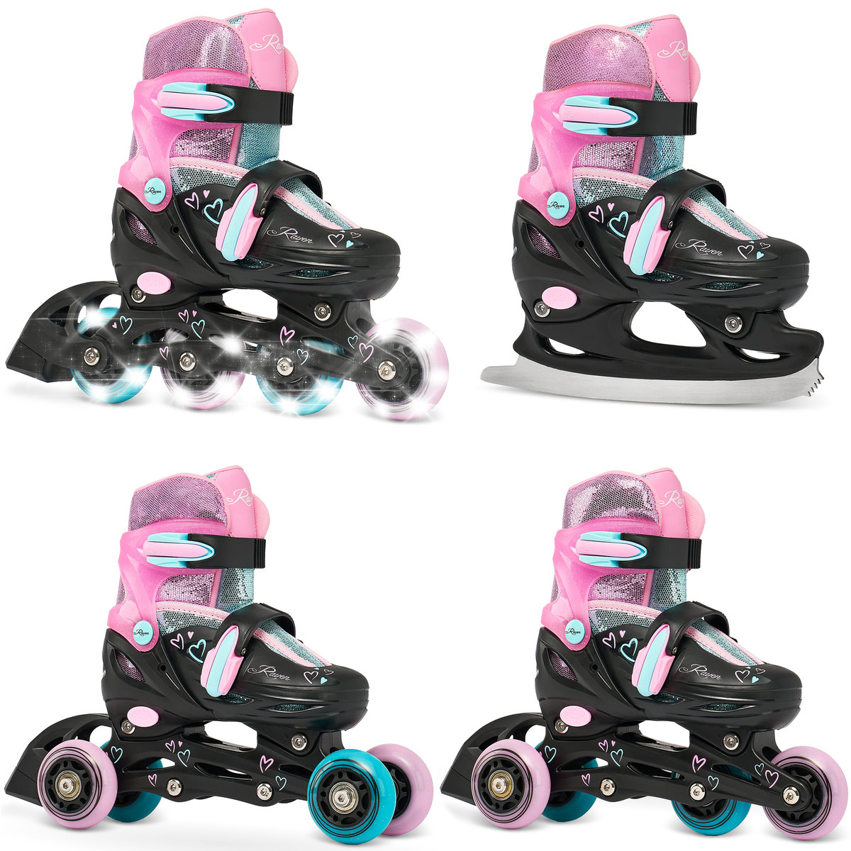 Rolki Wrotki Łyżwy Figurowe 4w1 RAVEN Loret Glitter Black/Mint/Pink LED ...