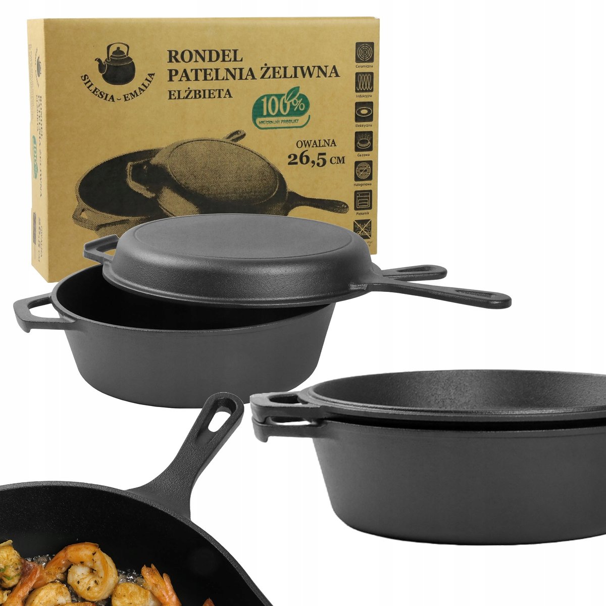Rondel Patelnia 2W1 Żeliwna Okrągła Solidna 26,5 Cm Talerz Żeliwny ...