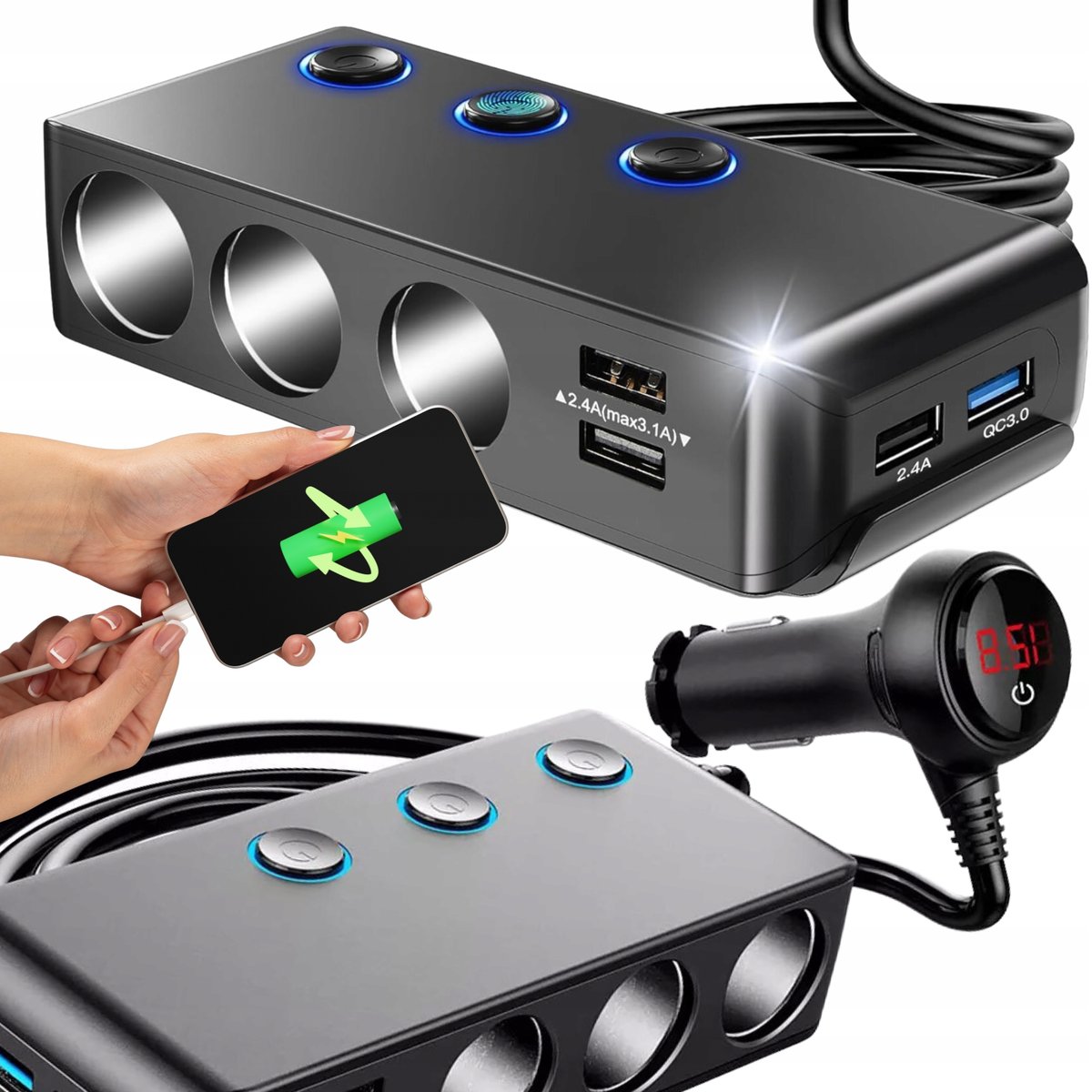 ROZDZIELACZ GNIAZDA ZAPALNICZKI ŁADOWARKA SAMOCHODOWA USB-C PD USB QC 120W - DRMZ | Motoryzacja ...