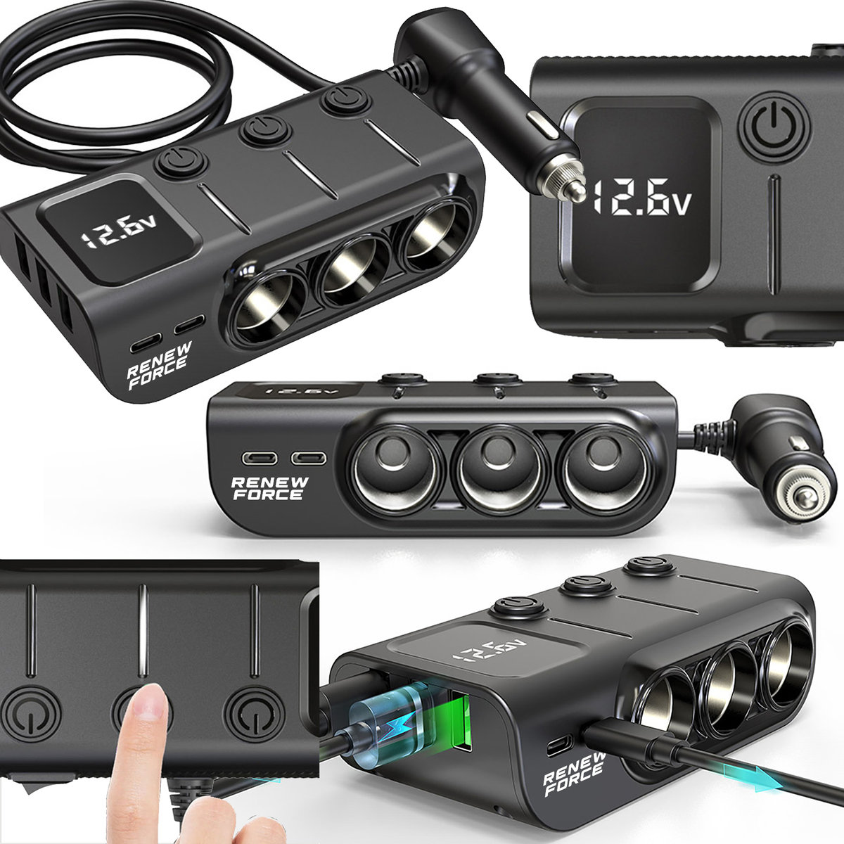 Rozdzielacz Gniazda Zapalniczki Ładowarka Samochodowa Usb-C Pd Usb Qc 120W Gc01 - Renew Force ...