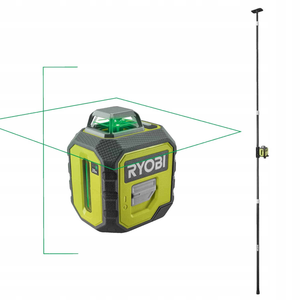 RYOBI Poziomica Laserowa Zielony Laser Płaszczyznowy 360° + Ramię 3,2m ...