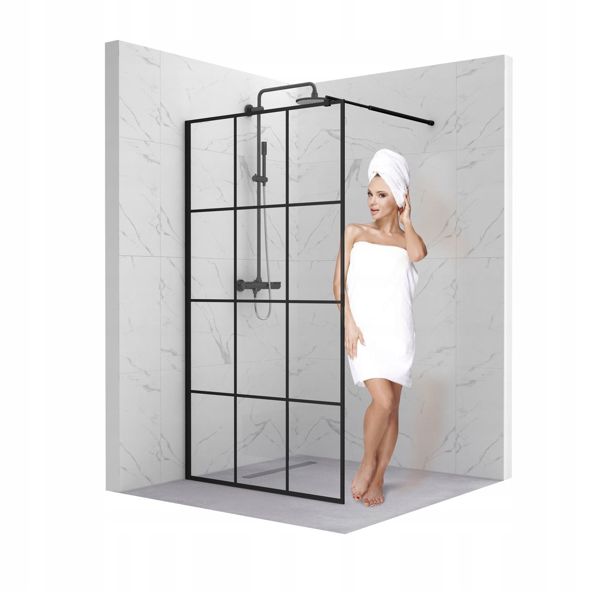 ŚCIANKA SZYBA PRYSZNICOWA CZARNA WALK-IN 110 CM KABINA LOFT SZKŁO 8MM ...