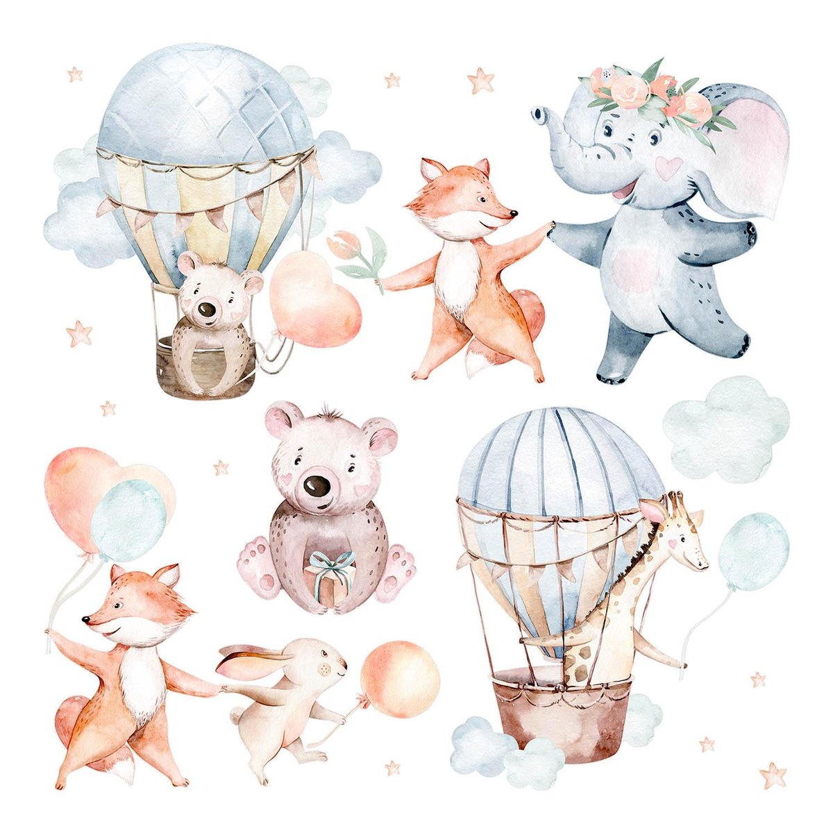 Ścienne naklejki - Pastelowe zwierzaki z balonami w chmurach styl ...