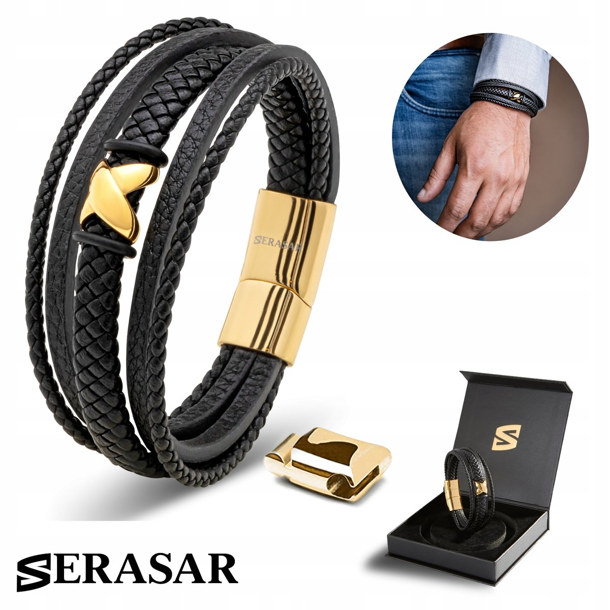 SERASAR, męska skórzana bransoletka „Flake”, złoto, 20 cm, ze stalowym zapięciem magnetycznym, w ...