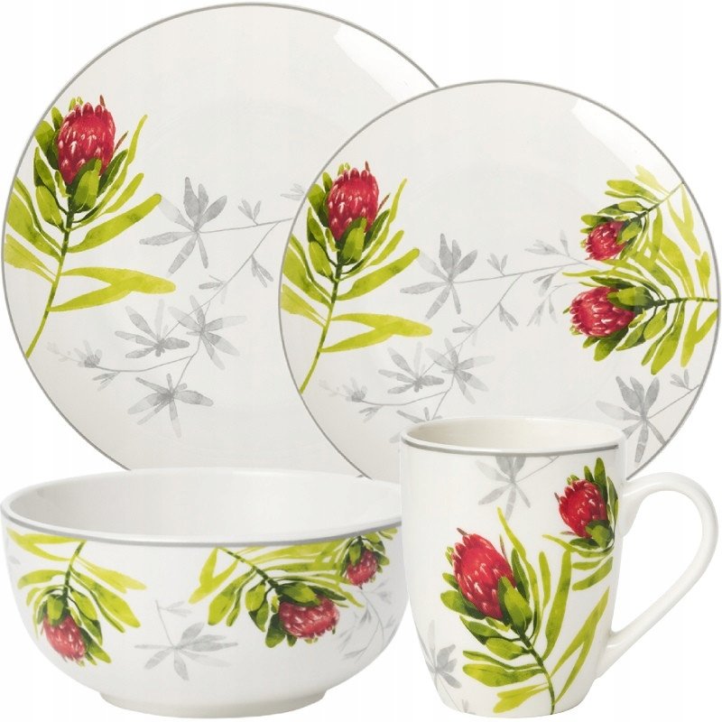 Serwis obiadowy porcelanowy Florina Protea 24 el zestaw talerzy kubki ...