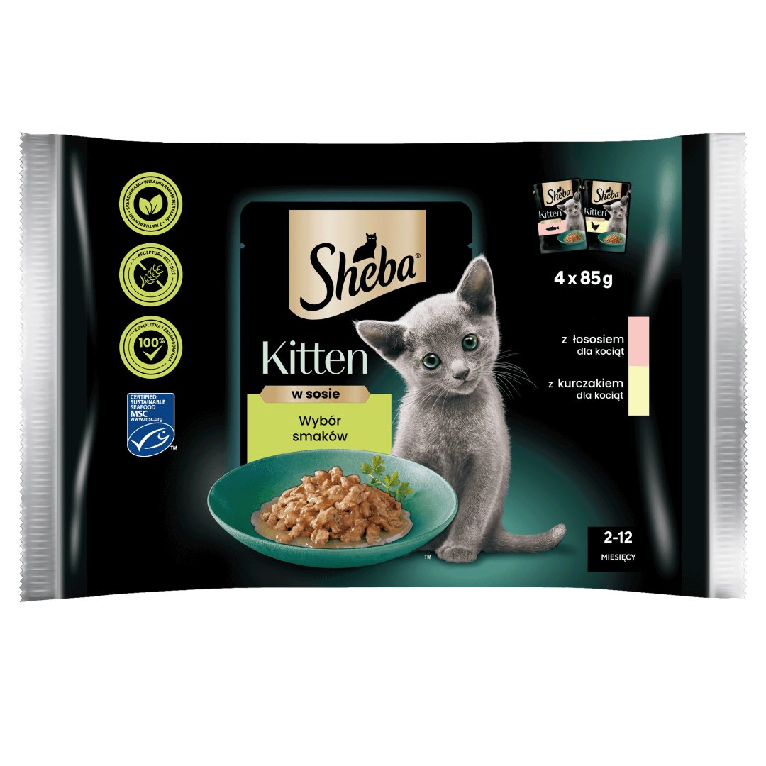 Sheba Kitten 4x85g Mokra Karma Pełnoporcjowa Dla Kociąt w Sosie Kawałki z Łososiem i Kurczakiem ...