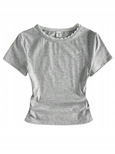 SHEIN SZARY T-SHIRT DZIECIĘCY Z KORONKOWYM DEKOLTEM I KOKARDKĄ 146-152 ...