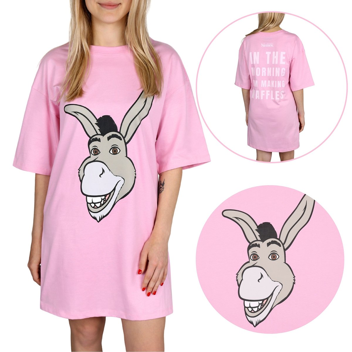 Shrek Osioł Różowa, damska koszulka nocna, bawełniana koszulka do ...