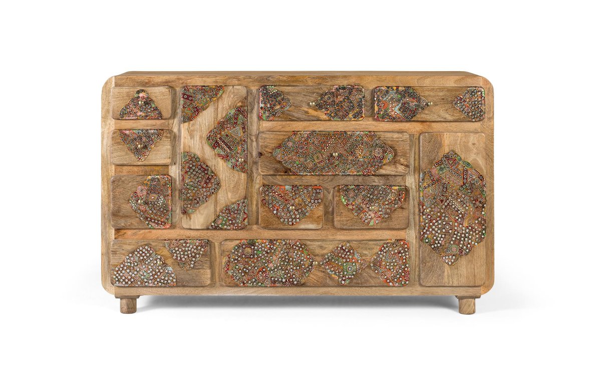Sideboard in solid mango wood with hand-painted details, 148 cm - giner ...
