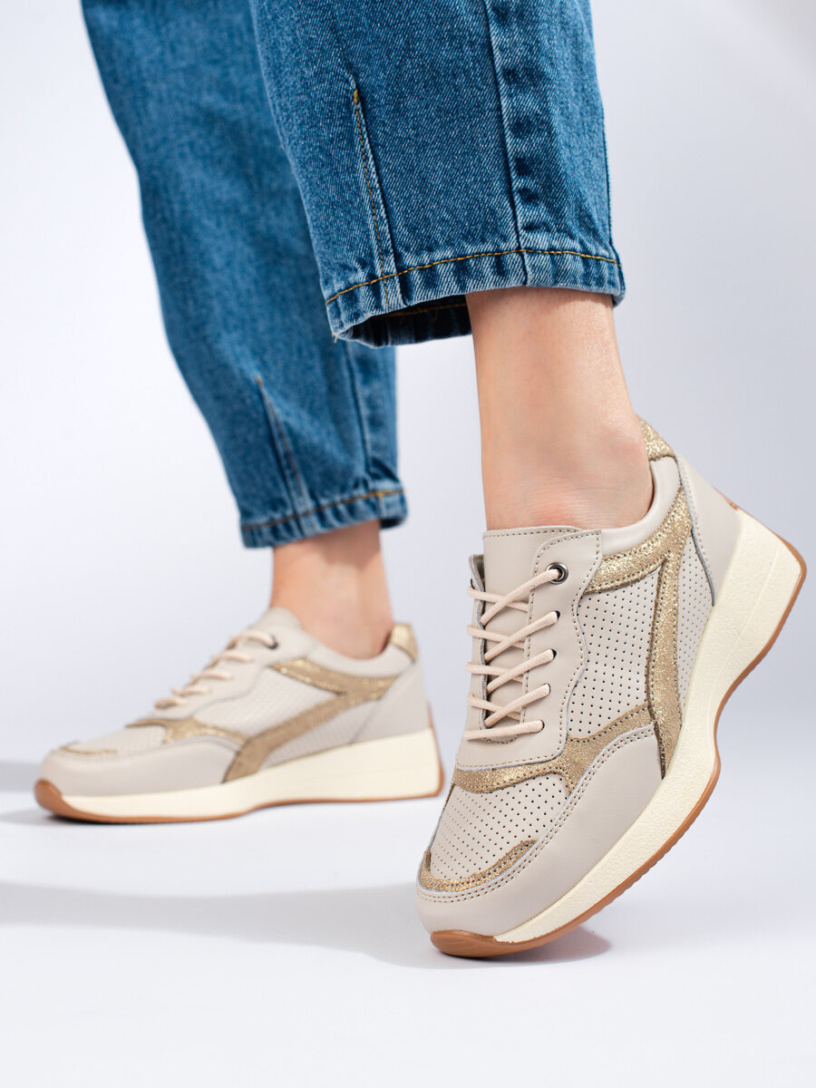 SkĂłrzane beĹĽowe sneakersy na platformie Shelovet-35 - Inna marka ...