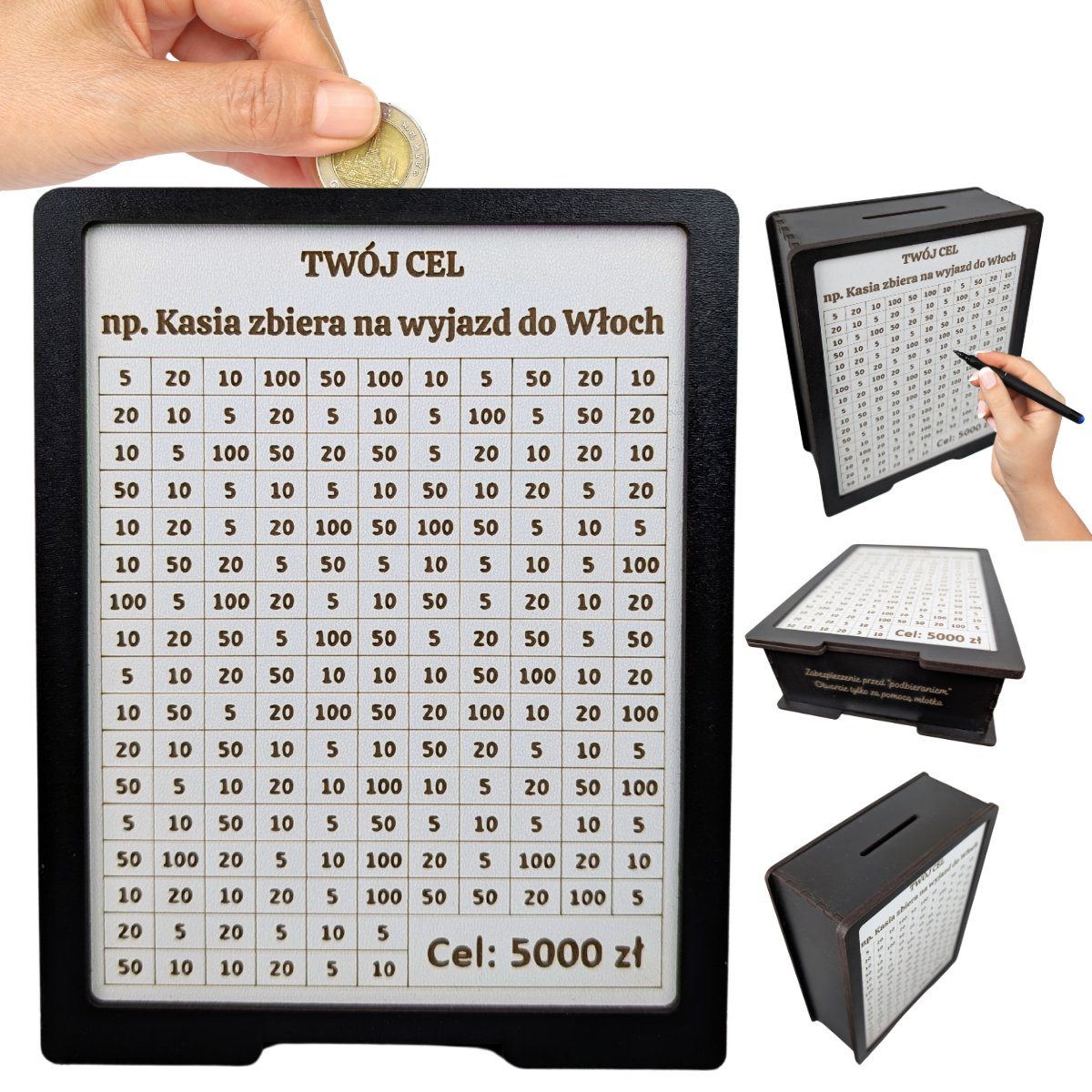 Skarbonka z twoim celem. Wyzwanie - oszczędzanie. Czarno-biała ...