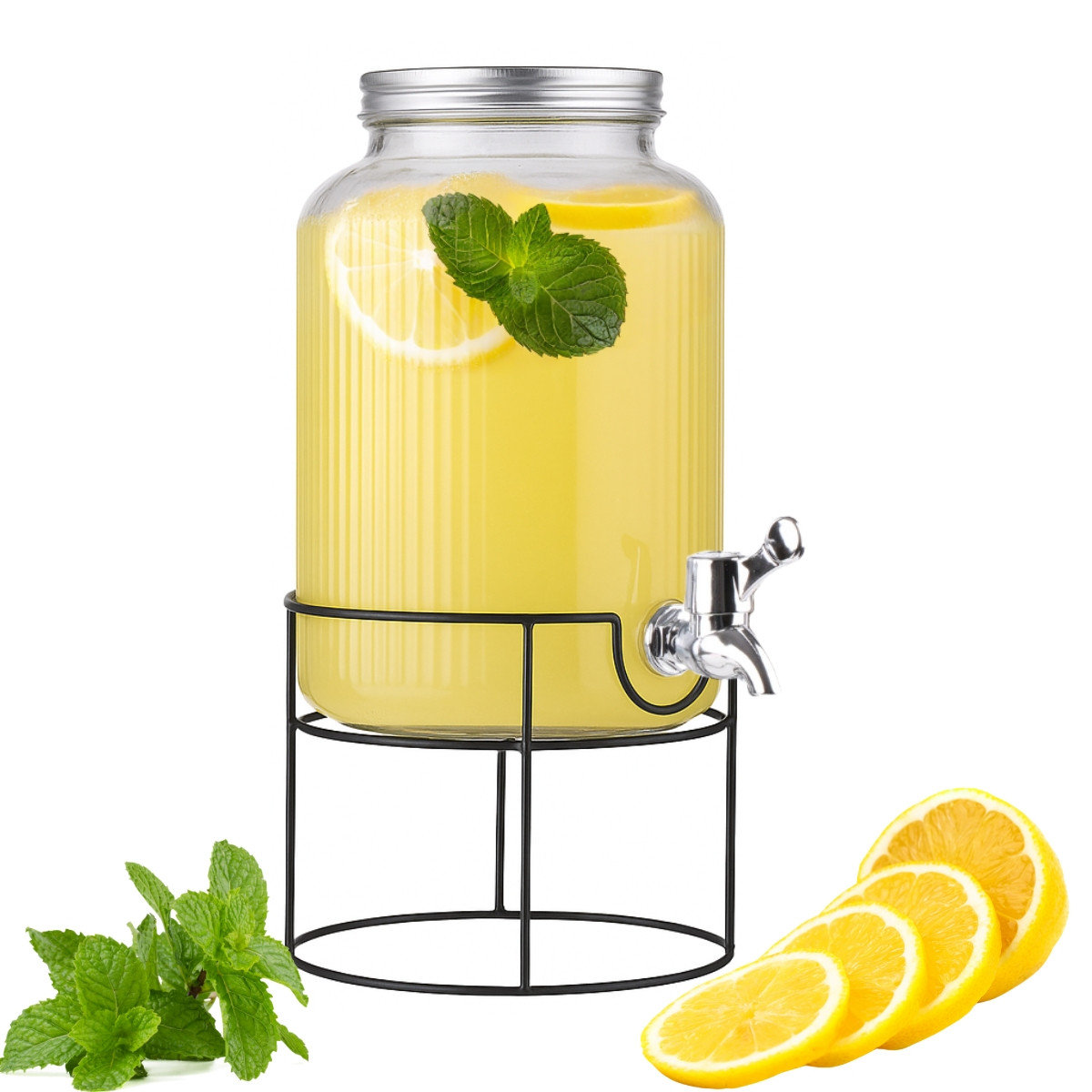 Słój z kranikiem na stojaku szklany 4l do lemoniady soków napojów prążkowany - Prima Deco ...