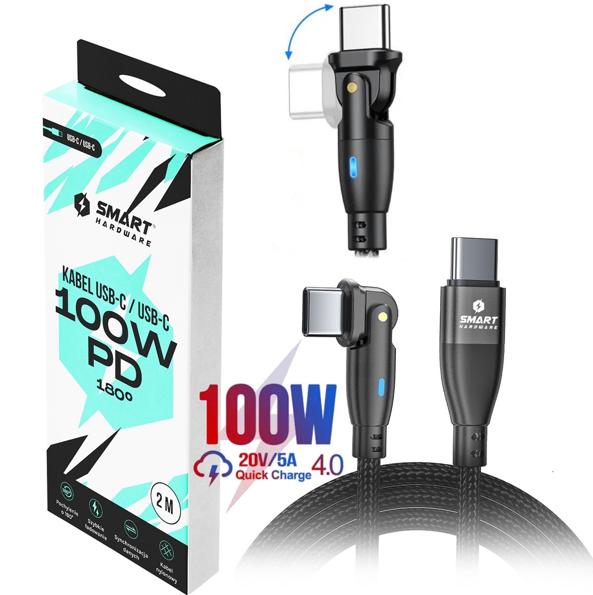 SMART HARDWARE KABEL 180° USB-C 100W PD 1.8M CZARNY - SmartHardware | Sklep EMPIK.COM