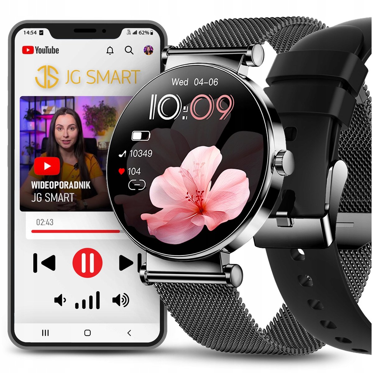 SMARTWATCH DAMSKI AMOLED ROZMOWY MENU PL KOLORY + 2 PASKI + WIDEOPORADNIK - JG Smart | Sklep ...