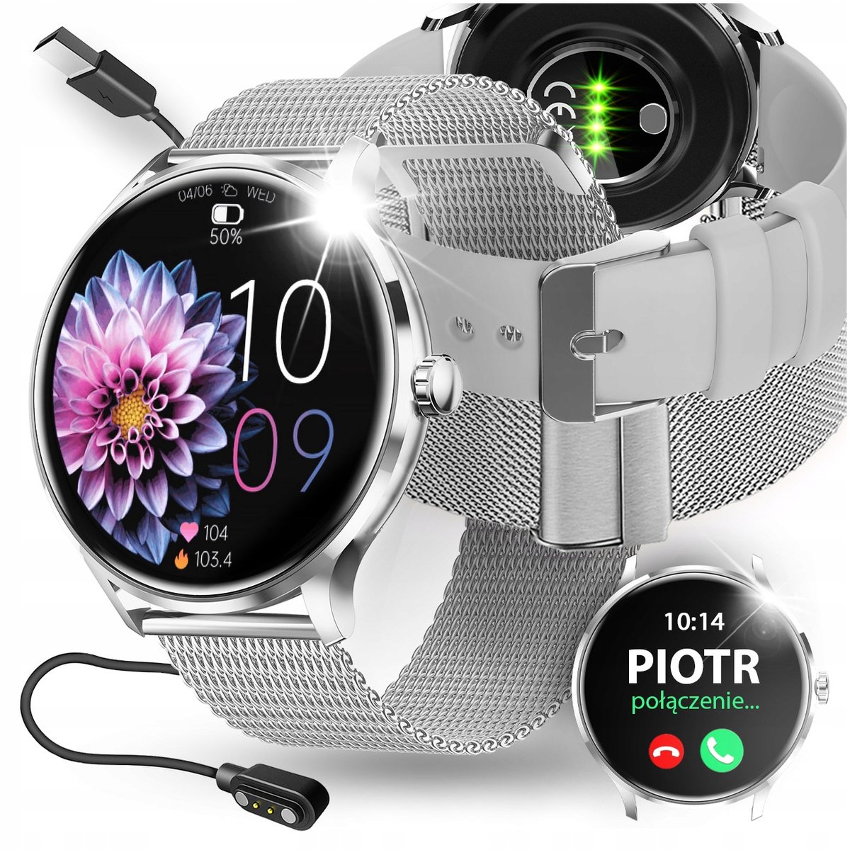 SMARTWATCH DAMSKI ZEGAREK MENU PL CIŚNIENIE ROZMOWY POWIADOMIENIA SREBRNY - JG Smart | Sklep ...