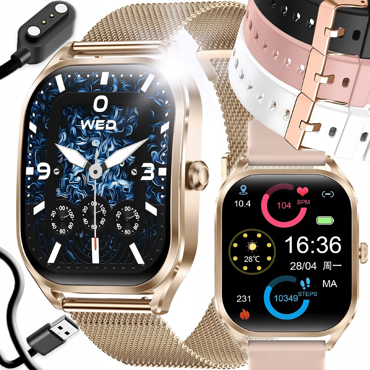 SMARTWATCH DAMSKI ZEGAREK POLSKIE MENU ROZMOWY POWIADOMIENIA BPM PULS ...