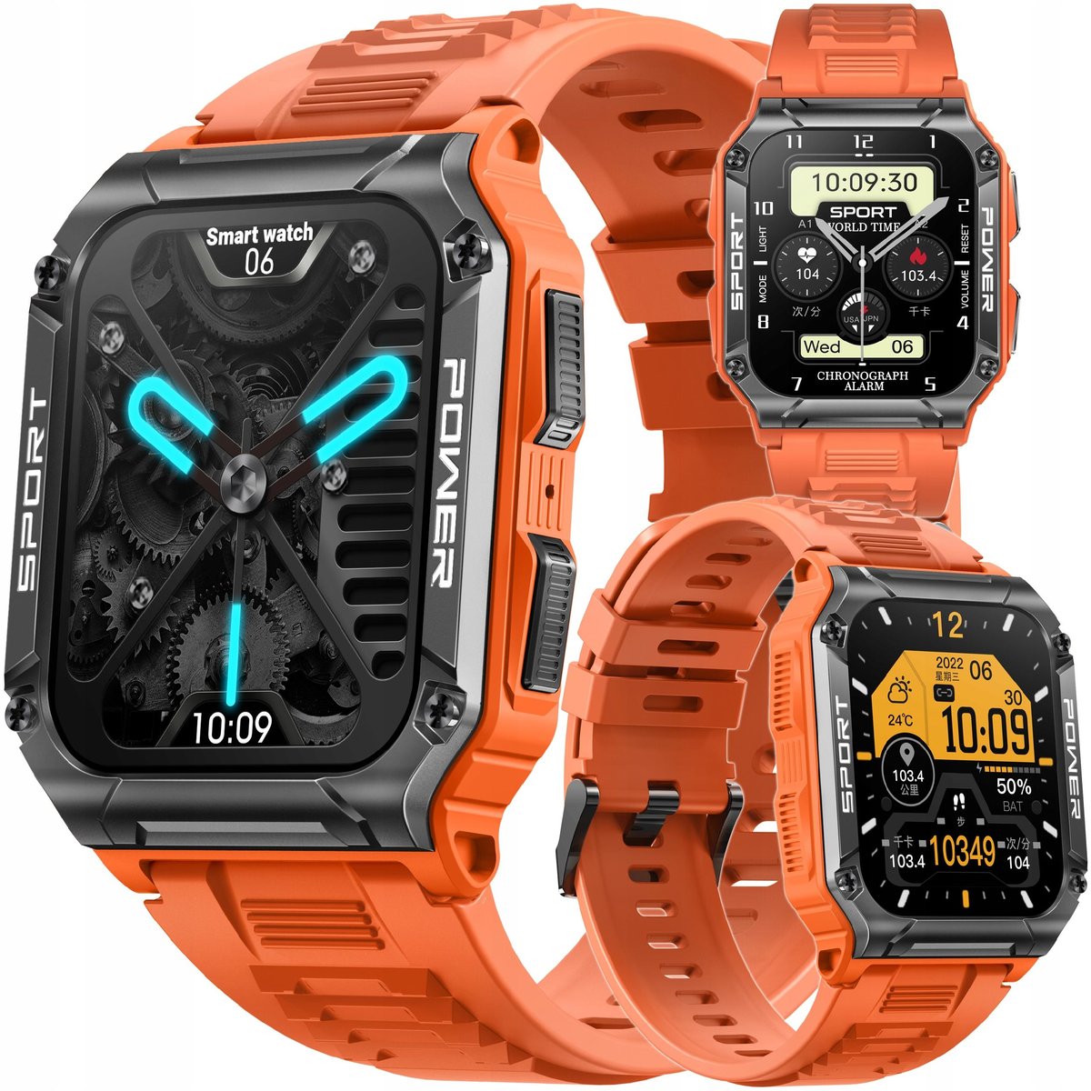 Smartwatch męski JG Smart Nx6 pomarańczowy prostokątny pulsoksymetr ...