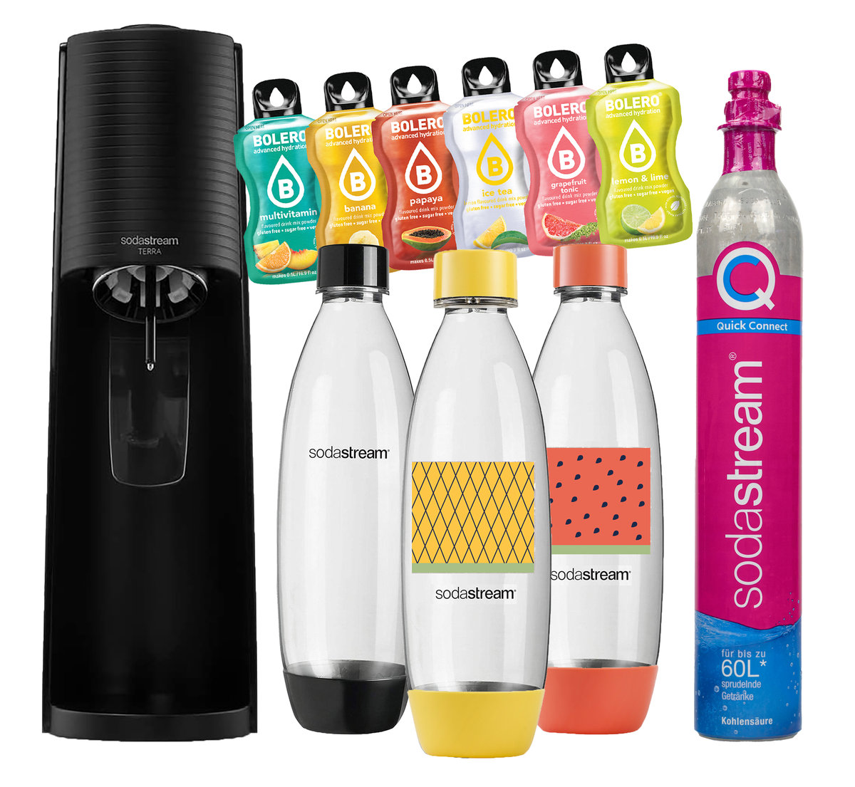 SODASTREAM TERRA saturator CZARNY + butelka CZARNA fuse 1l + 2x dekor ...