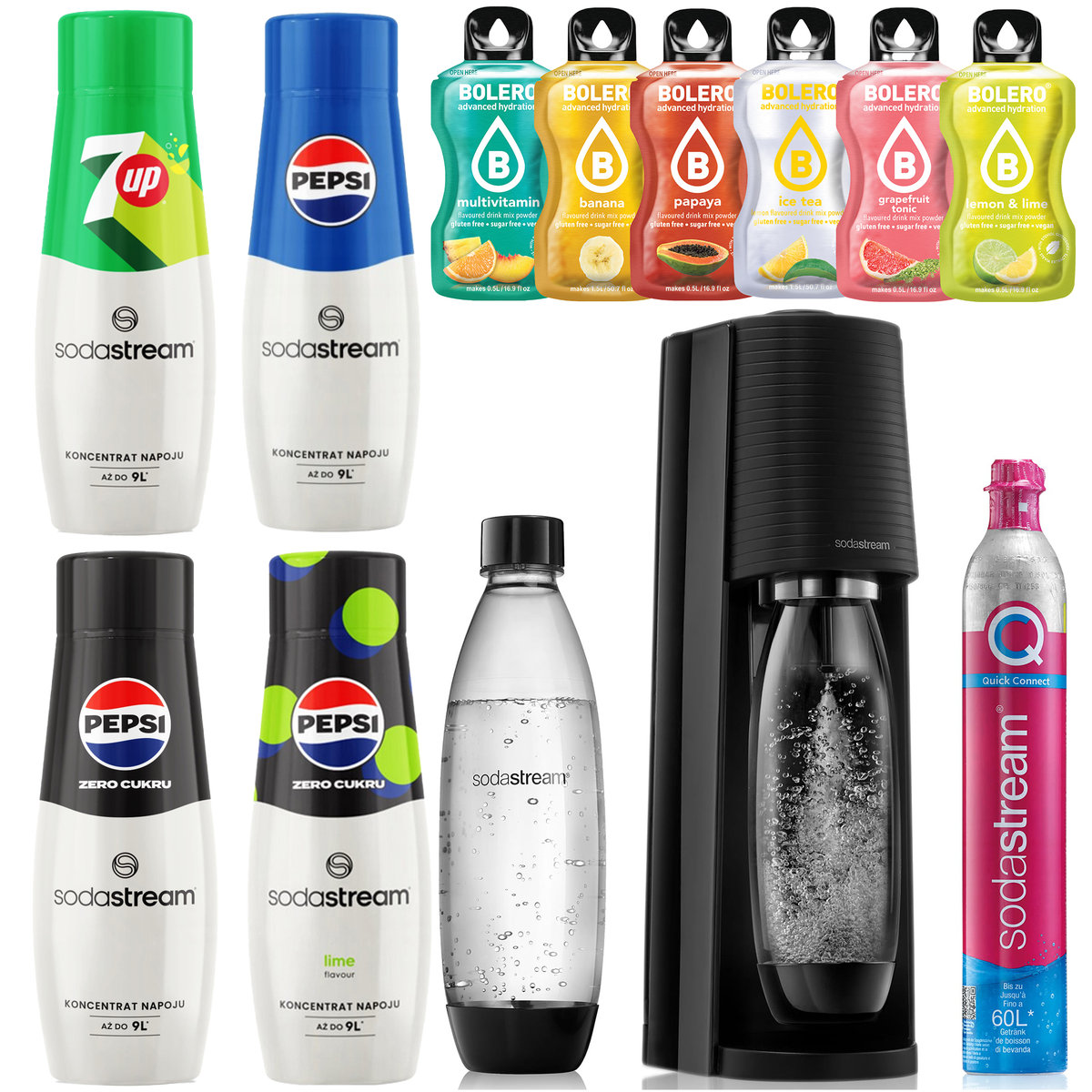 SODASTREAM TERRA SATURATOR NABÓJ BUTELKA + 4x Syrop i saszetki BOLERO ...