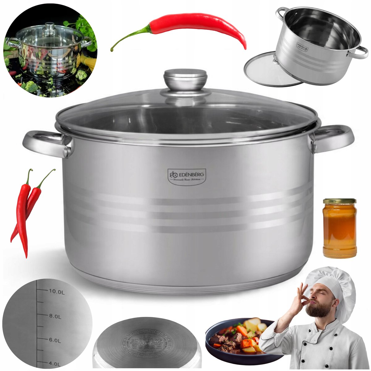 SOLIDNY Duży GARNEK ZE STALI NIERDZEWNEJ Z POKRYWĄ 32cm 14.9L INDUKCJA ...