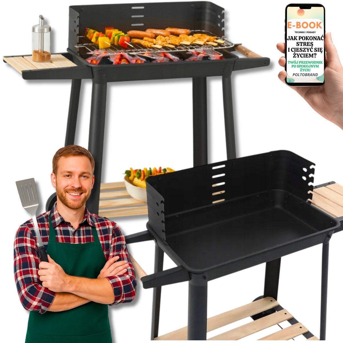 SOLIDNY GRILL OGRODOWY NA KÓŁKACH Przenośny Do Ogrodu WĘGLOWY Z PÓŁKAMI ...