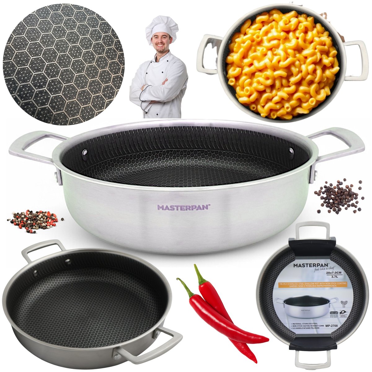 SOLIDNY PŁYTKI GARNEK POWŁOKA PLASTRA MIODU STAL NIERDZEWNA 26x7cm 3.0L ...