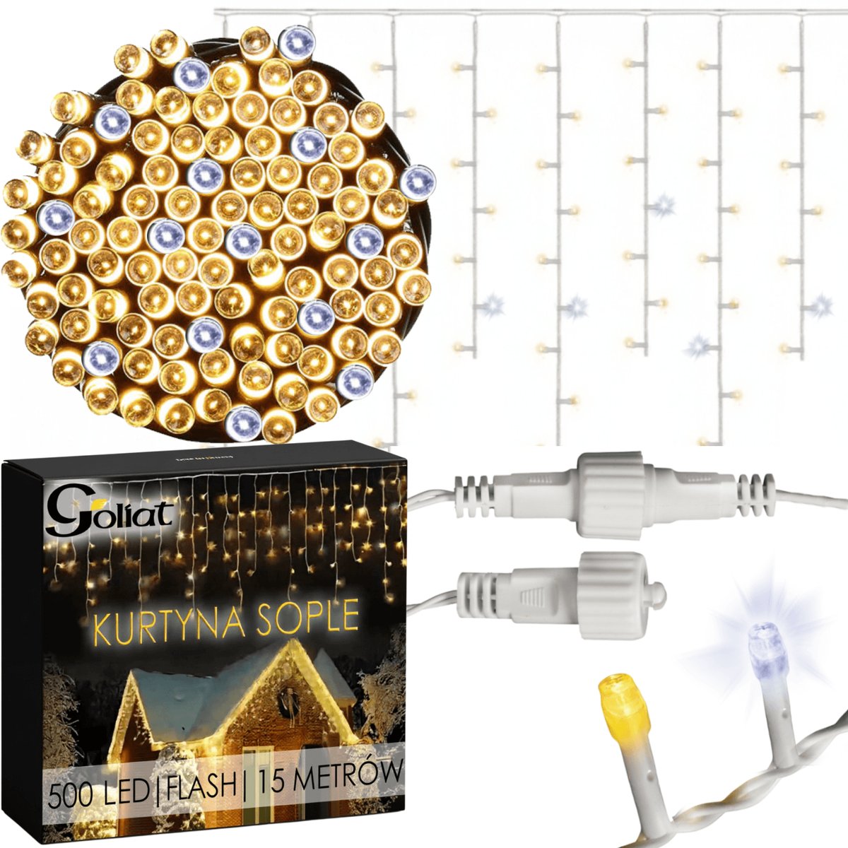 SOPLE 500 LED KURTYNA LAMPKI ZEWNĘTRZNE IP44 BIAŁE CIEPŁE +FLASH ZIMNY ...