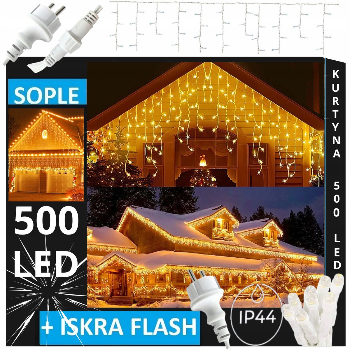 Sople 500 Led Lampki Zewnętrzne Ip44 Stałe + Flash Kurtyna Świetlna ...