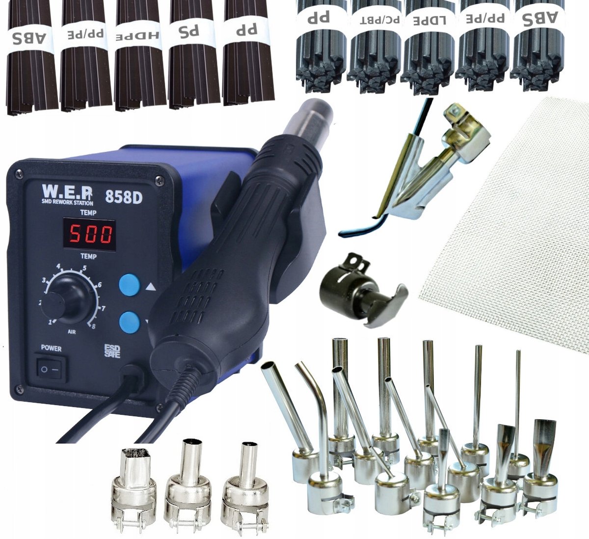 Spawarka do plastiku WEP 858D 20xdysza+BUT, żelazko, 1kg plastików ...