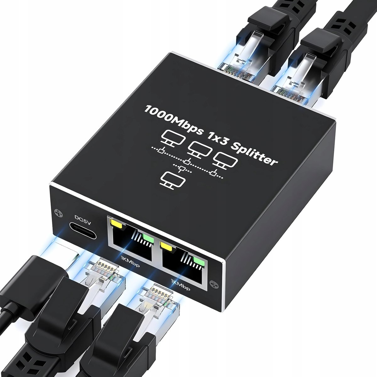 SPLITTER LAN 1x3 ADAPTER ROZDZIELACZ SWITCH 2xRJ45 ETHERNET 1000Mb ...