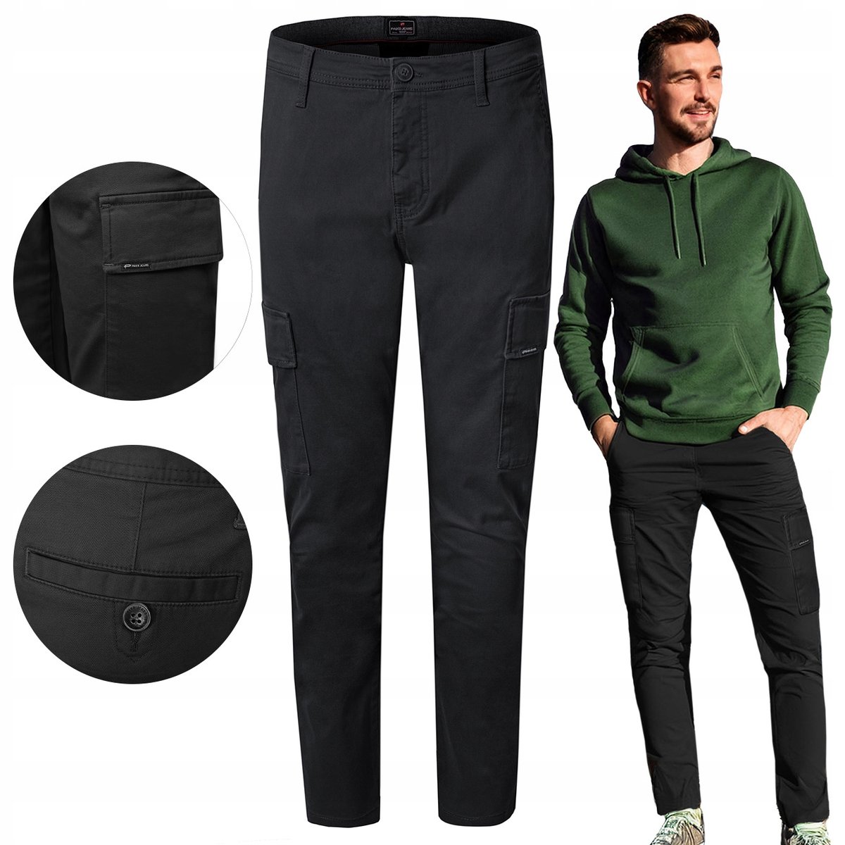 SPODNIE z Kieszeniami CARGO Męskie CZARNE Slim Fit W32/L32 Pako Jeans ...