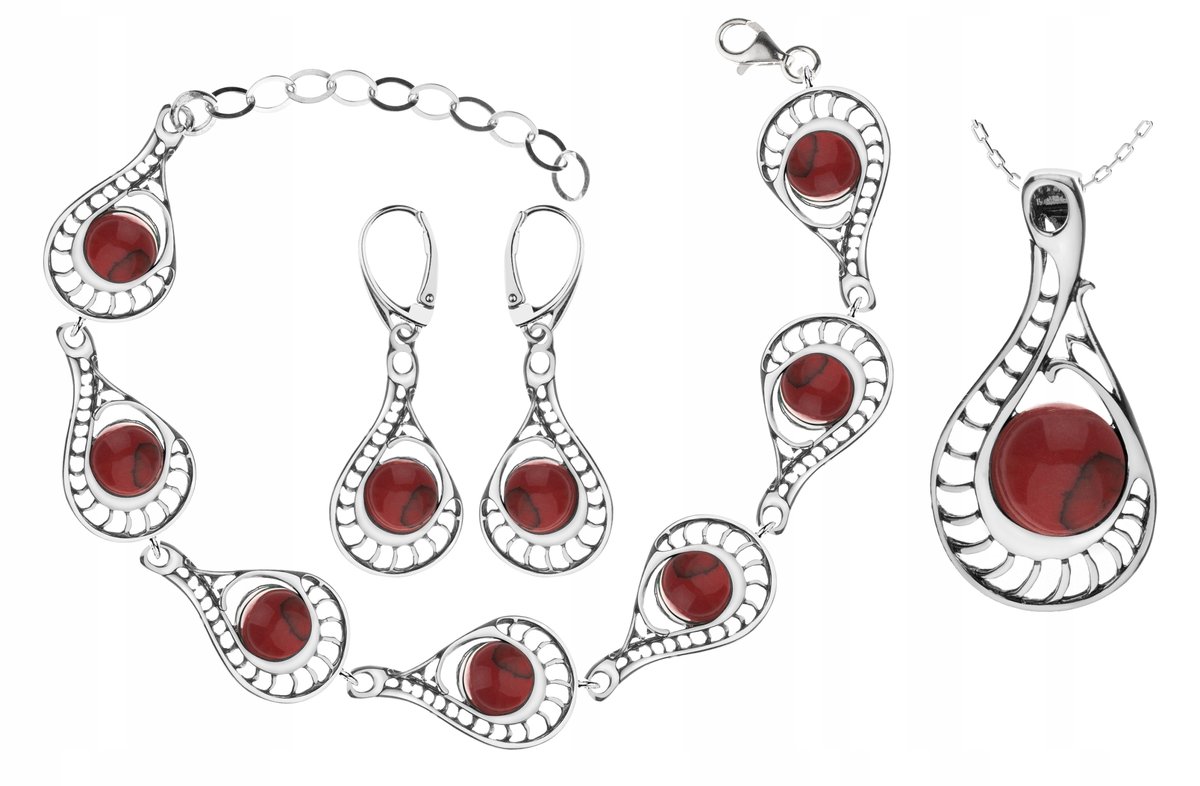 Srebrny Zestaw Ażurowej Biżuterii Z Koralami P925 - Zamiennik/inny ...