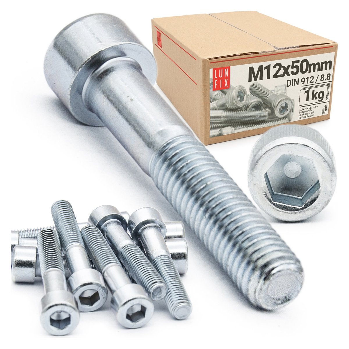 Śruba imbusowa M12x50 z łbem walcowym DIN912 kl. 8.8 ampulowa ocynk 1kg - Lun Fix | Sklep EMPIK.COM