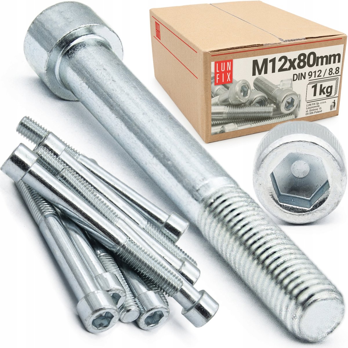 Śruba imbusowa M12x80 z łbem walcowym DIN912 kl. 8.8 ampulowa ocynk 1kg - Lun Fix | Sklep EMPIK.COM
