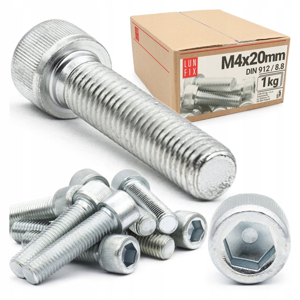 Śruba imbusowa M4x20 z łbem walcowym DIN912 kl. 8.8 ampulowa ocynk 1kg - Lun Fix | Sklep EMPIK.COM