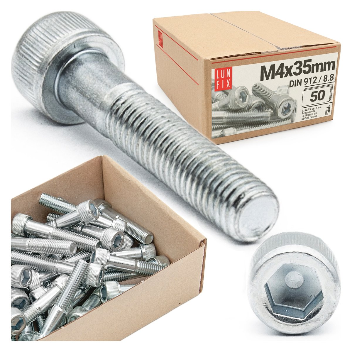 Śruba imbusowa M4x35 z łbem walcowym DIN912 kl. 8.8 ampulowa ocynk 50szt - Lun Fix | Sklep EMPIK.COM